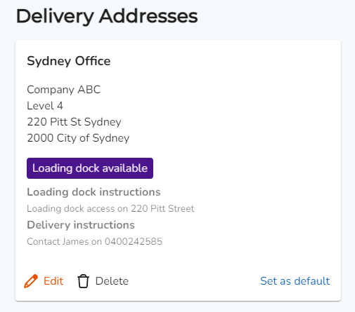 Create a delivery address with loading dock instructions
