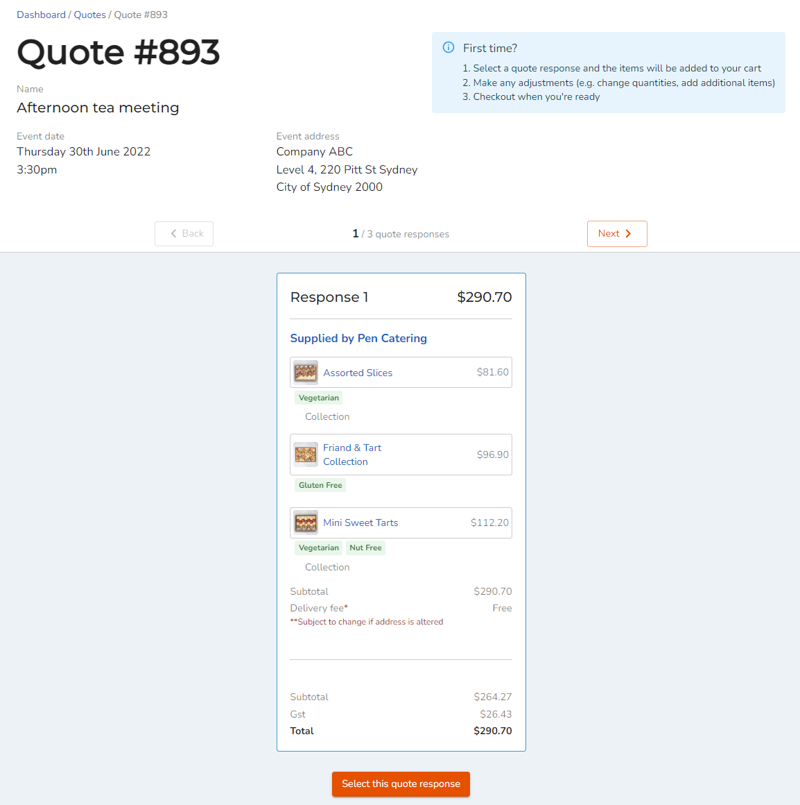 How to place an order from a quote response